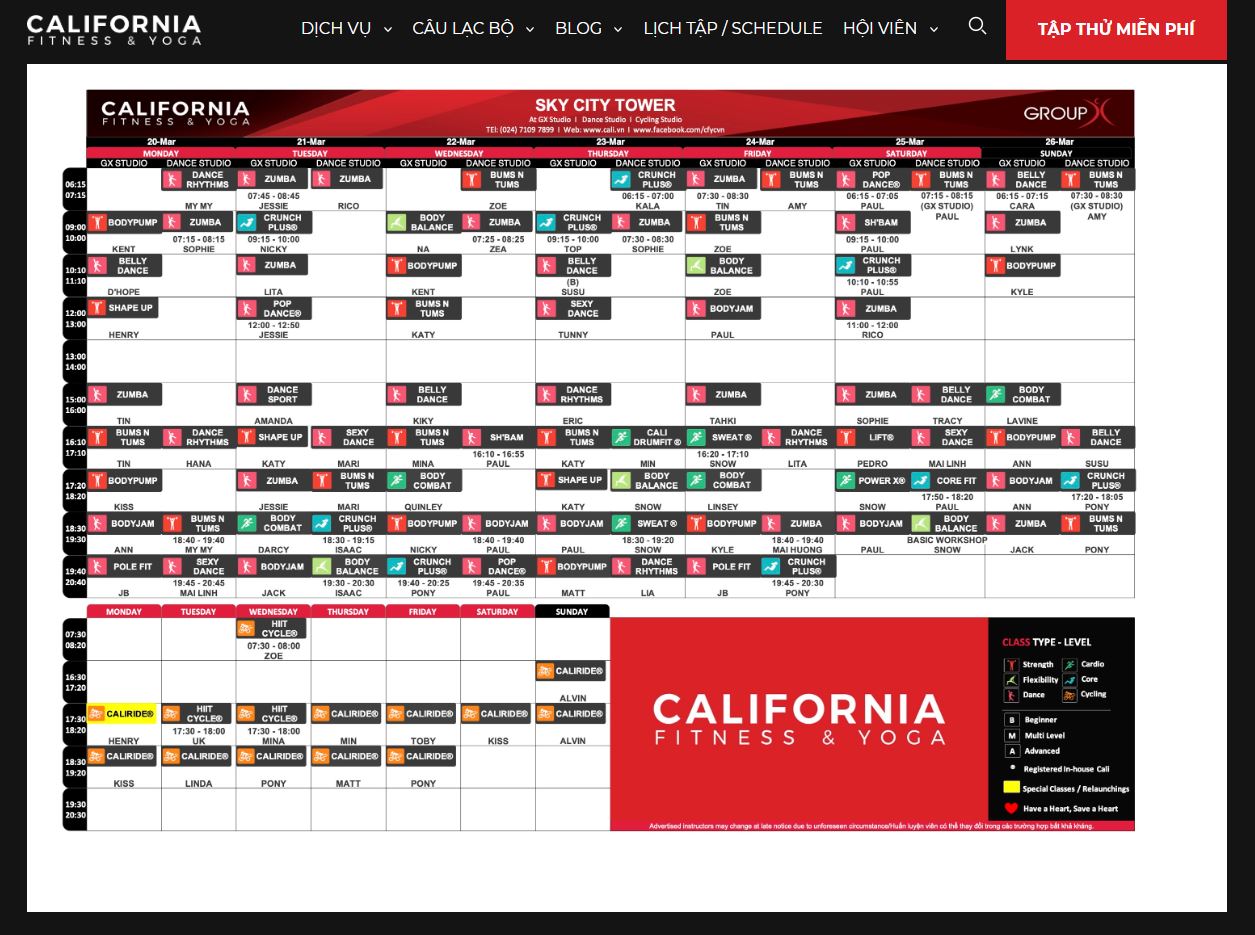 Bảng giá california fitness
